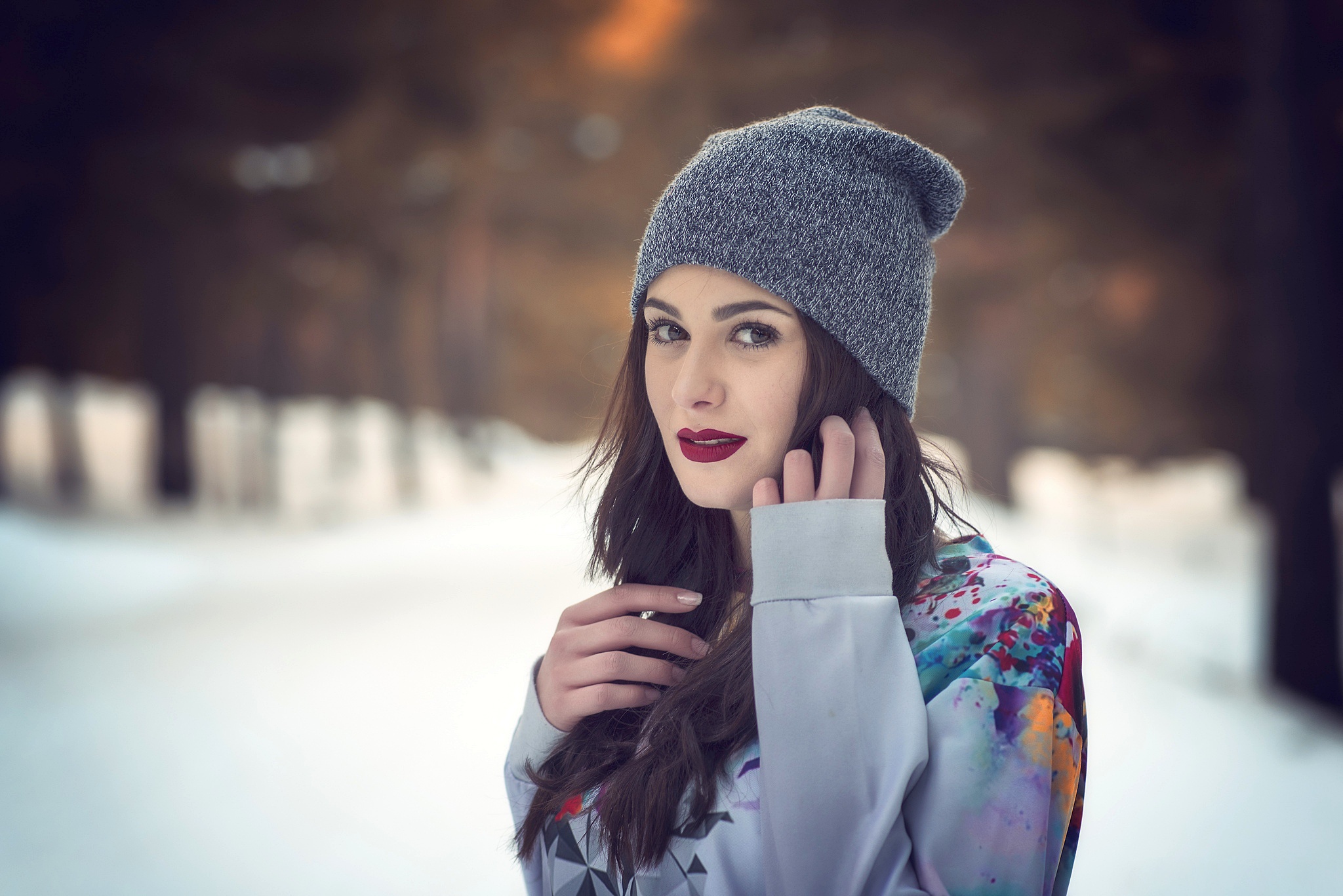 Download Brunette Hat Lipstick Depth Of Field Woman Model HD Wallpaper ...